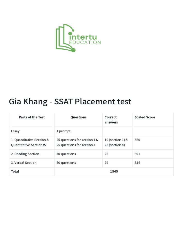 Gia Khang - SSAT Placement Test | PDF