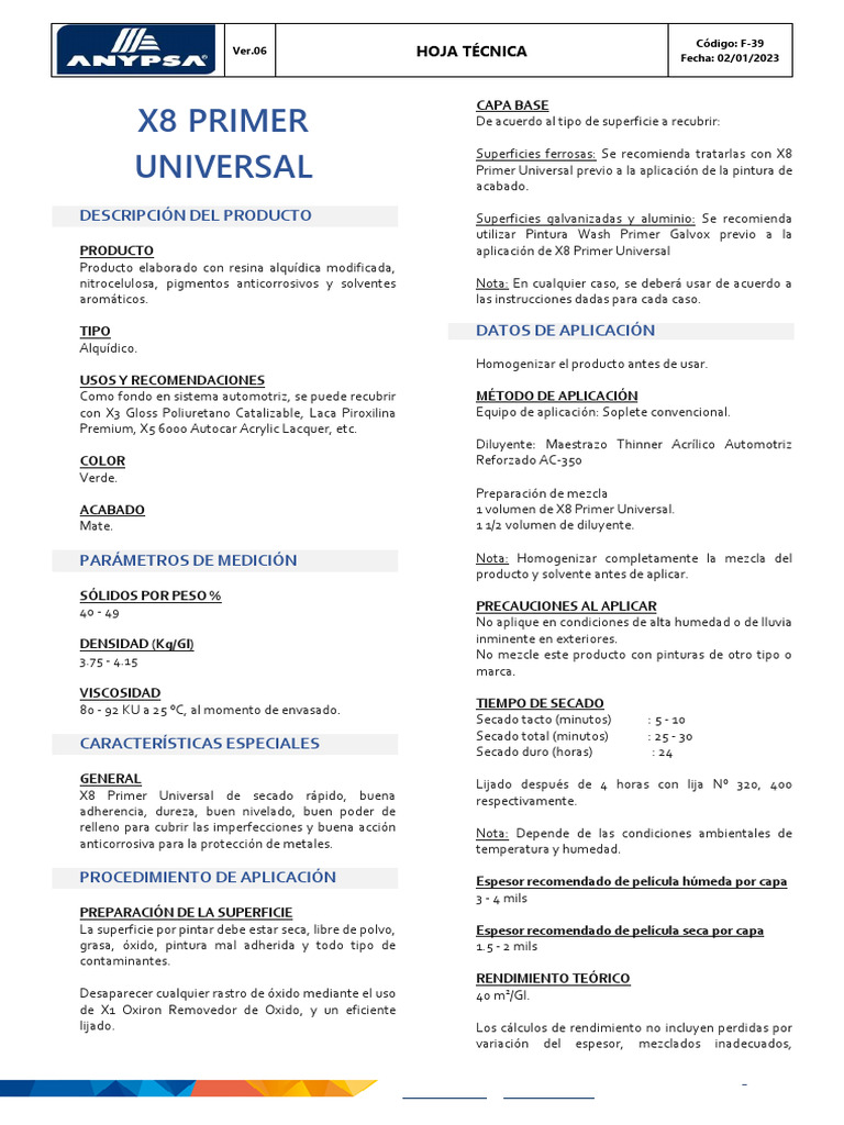 X8 Primer Universal: Hoja Técnica y Usos | PDF | Pintar | Materiales