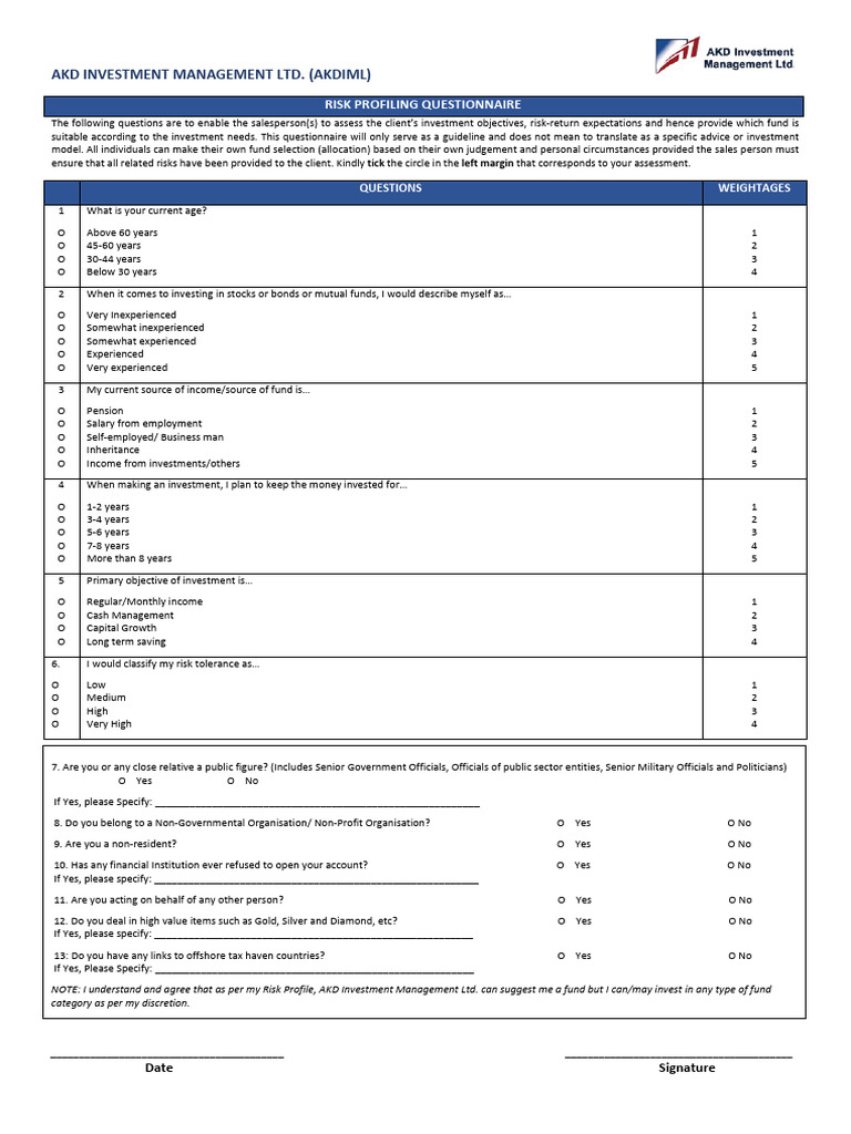 Risk Profile Form | PDF | Risk | Investing