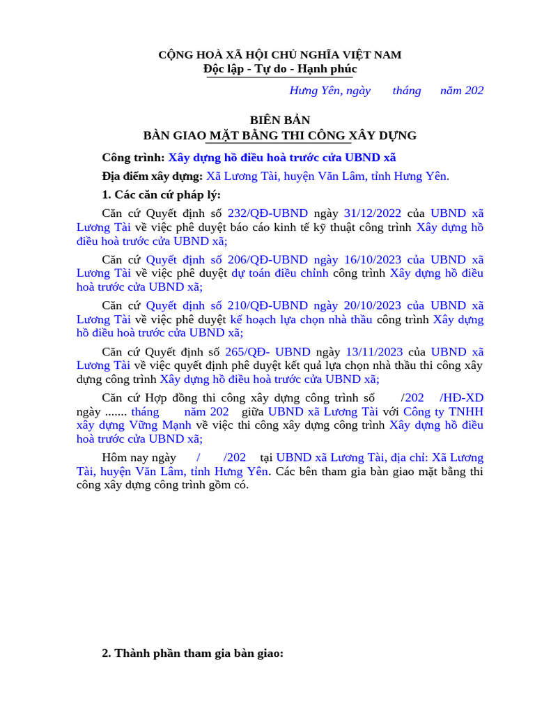 1. Biên Bản Bàn Giao Mat Bang Thi Cong | PDF