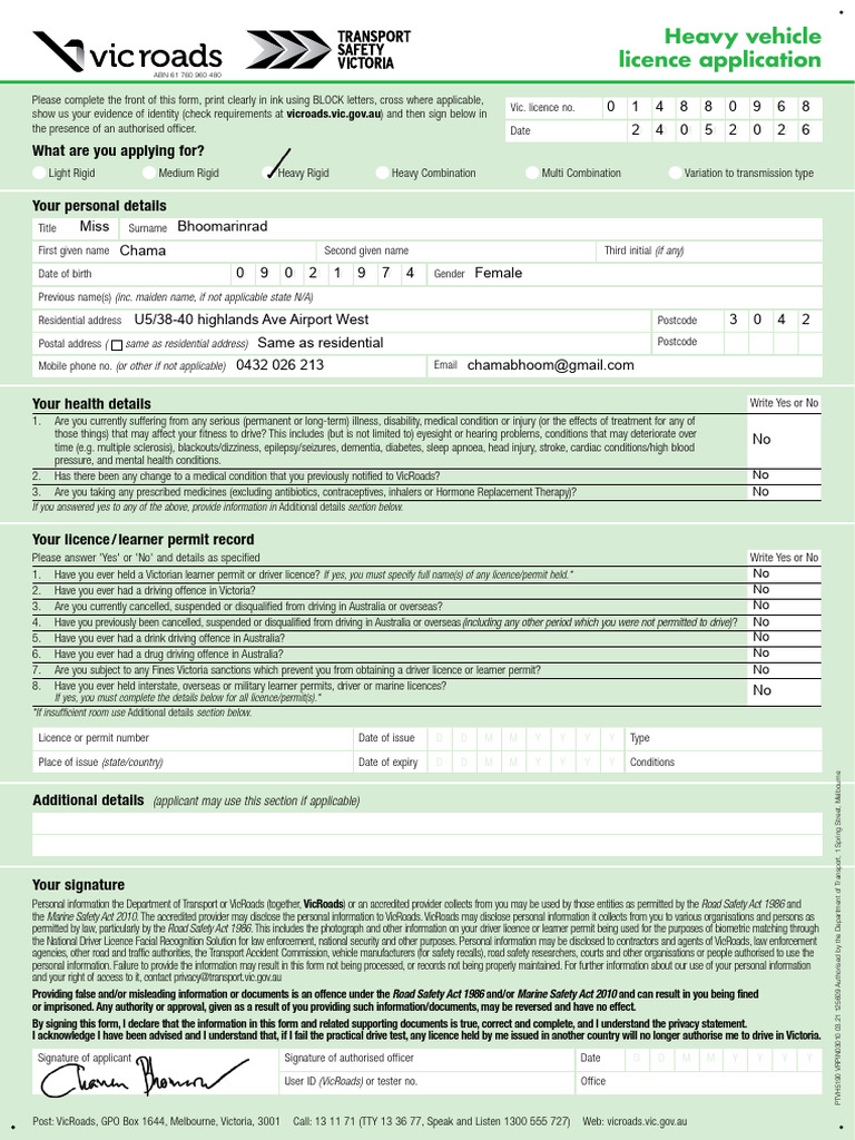 Heavy Vehicle Licence Application Form | PDF | Driver's License
