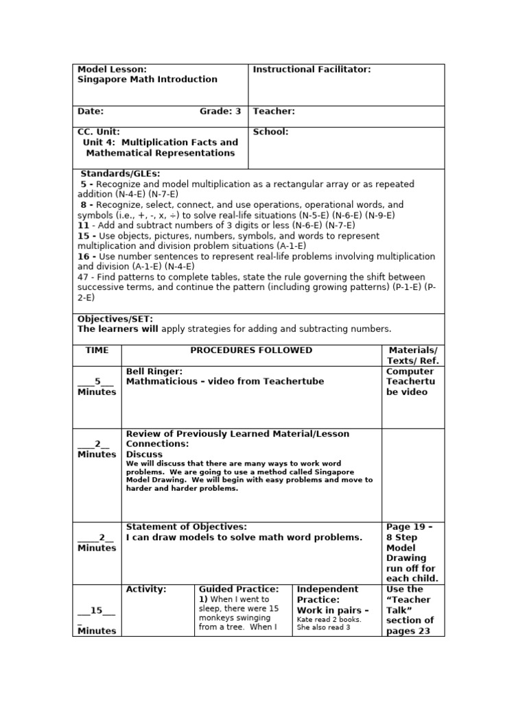 Singapore Math Lesson Plan | PDF | Mathematics