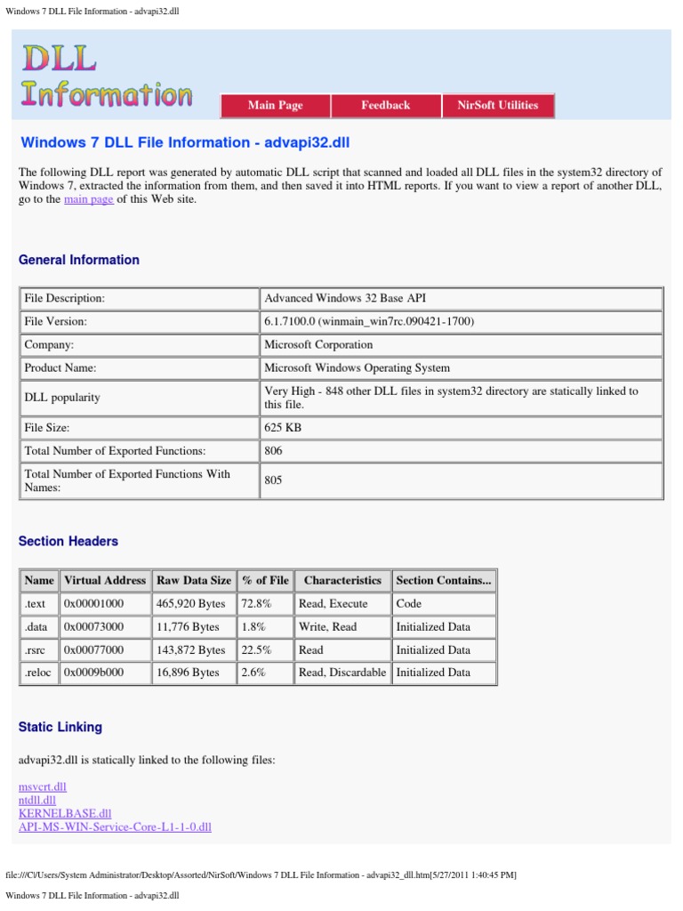 Windows 7 DLL File Information - Advapi32 | PDF | Central Processing ...