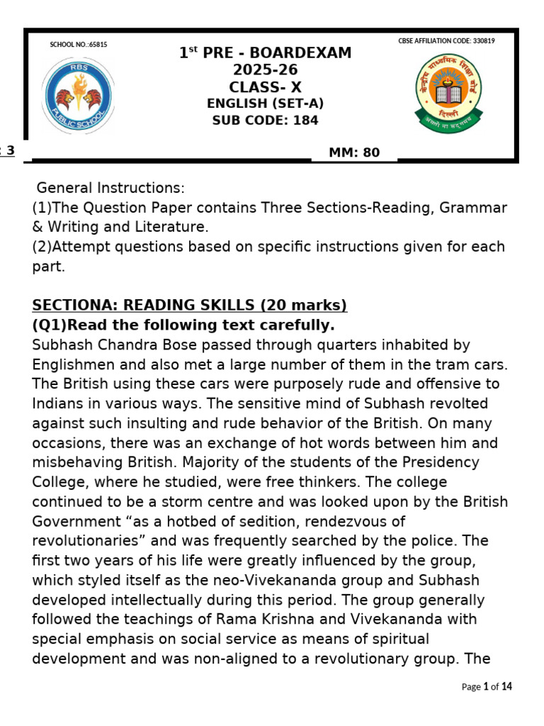 Class X English Exam Instructions | PDF