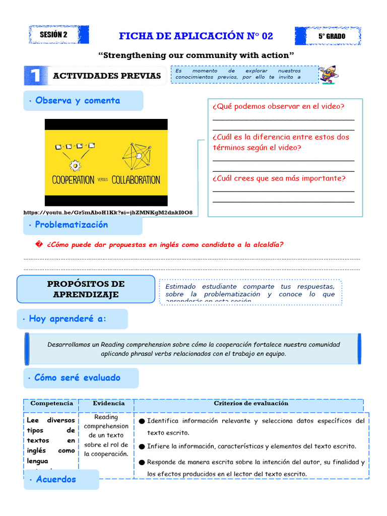 FICHA 2 - STREGHTENING OUR COMMUNITY WIH ACTION - INGLÉS 5° | PDF