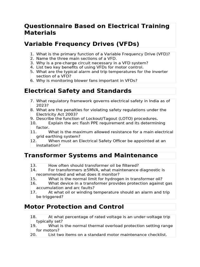 Questionnaire Based On Electrical Training Materials | PDF ...