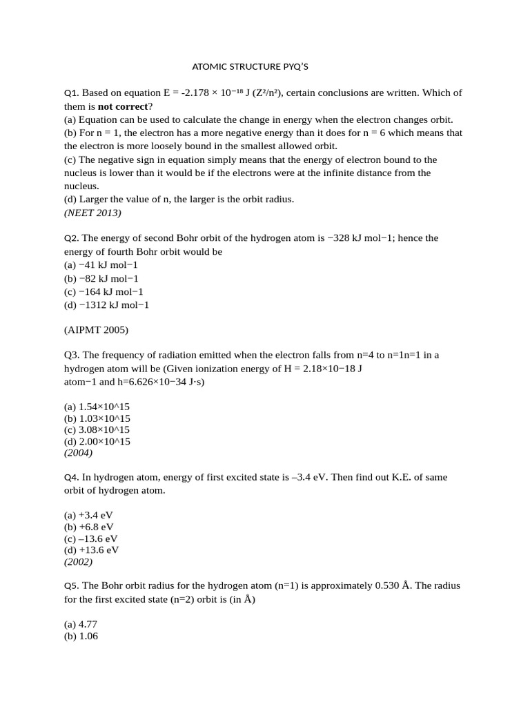Atomic Structure Pyq's | PDF