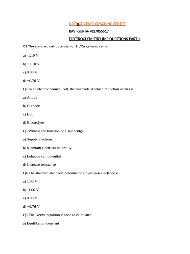 Electrochemistry Key Questions Part 1 | PDF | Electrochemistry ...