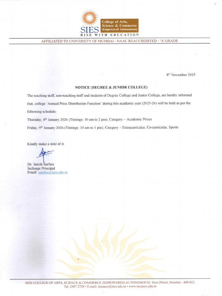 Notice For Annual Prize Distribution 2025-26 | PDF