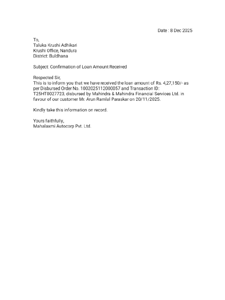 Loan Confirmation Letter Arun Paraskar | PDF