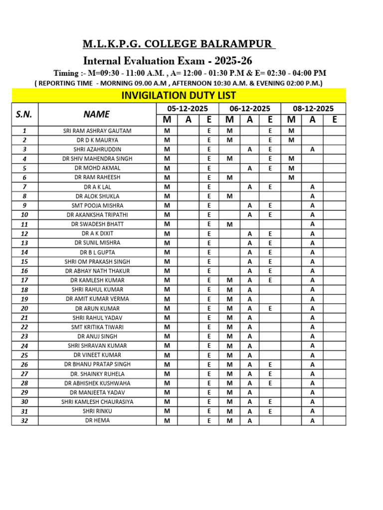 Internal Evaluation Exam Schedule 2025-26 | PDF