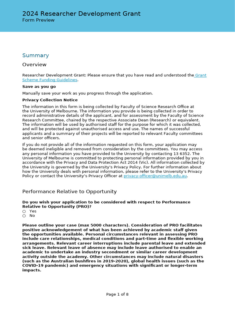 2024 Researcher Development Grant-Application | PDF | Postgraduate ...