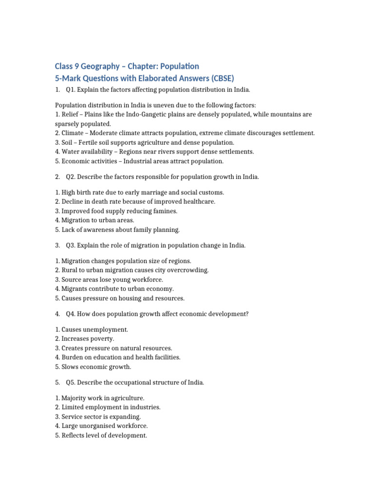 Class 9 Geography Population 5 Marks QA | PDF