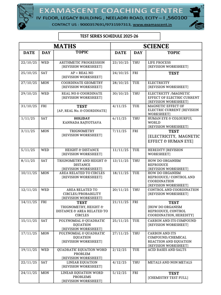 Revision and Test Schedule 2025-26 | PDF | Equations | Area