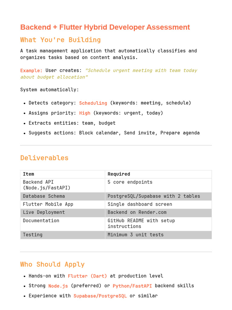 Backend + Flutter Hybrid Developer Assessment | PDF | Postgre Sql ...