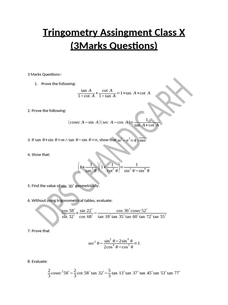 Tringometry Assingment Class X Watermark | PDF | Trigonometric Functions | Chess Theory