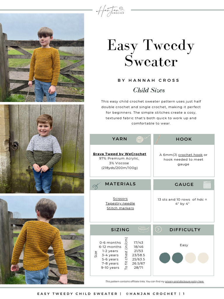 Easy Tweedy Child Sweater Pattern | PDF | Crochet | Gauge (Knitting)