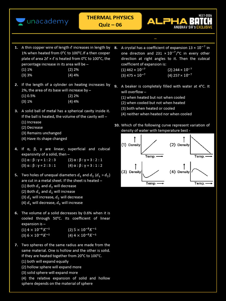Thermal Physics Quiz on Expansion Concepts | PDF | Thermal Expansion ...