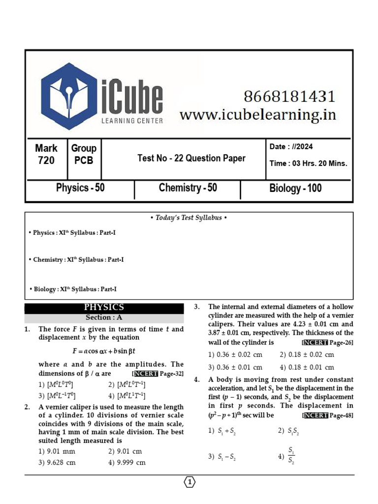 RCC Test 22 QP | PDF | Velocity | Atomic Orbital