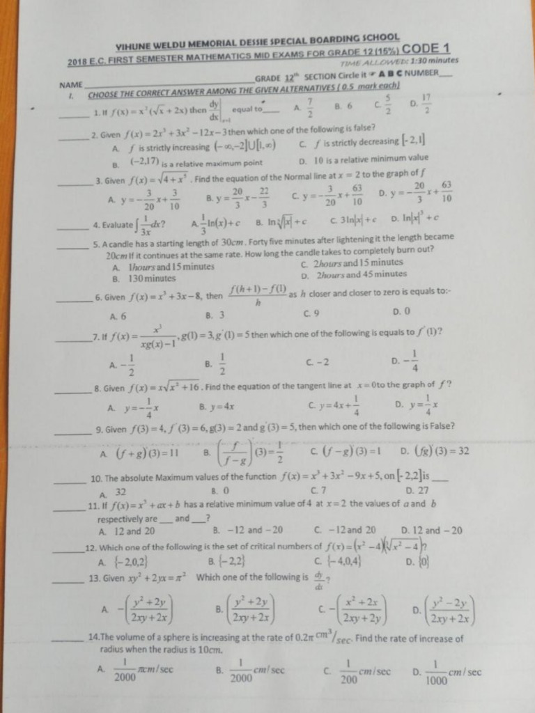 Grade 12 Math Unit 2 Exam | PDF