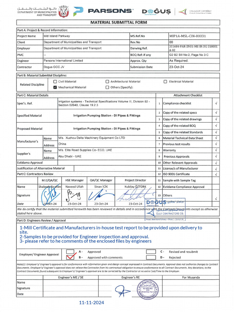 Material Approval Submission Checklist | PDF | Pump | Specification ...