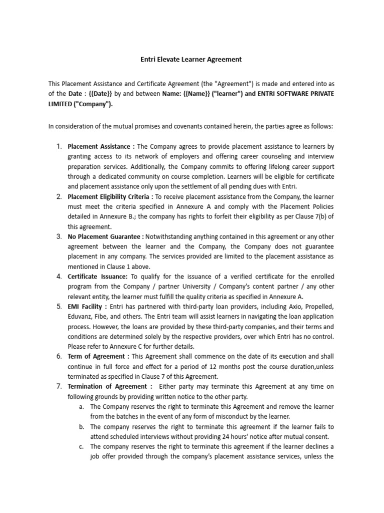 Entri Elevate Learner Agreement Details | PDF | Curriculum | Employment