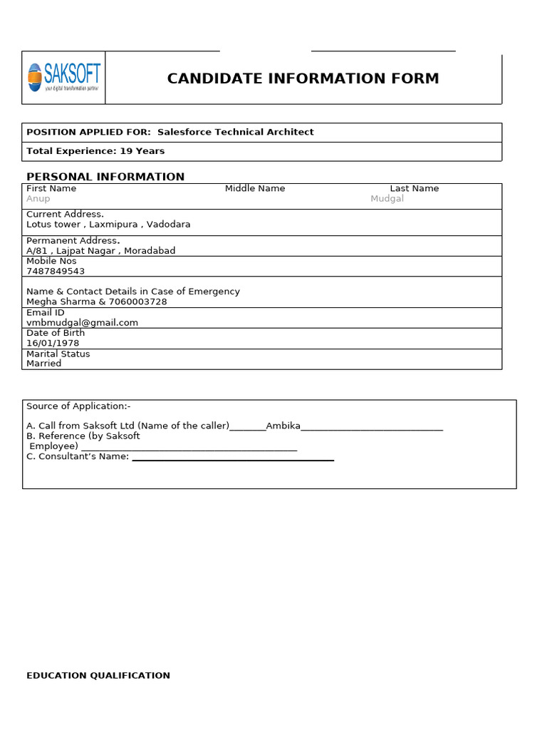 Candidate Information Form - Saksoft 1 | PDF