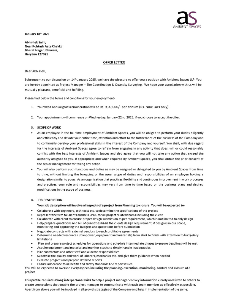 Project Manager Offer Letter - Ambient Spaces | PDF | Employment ...