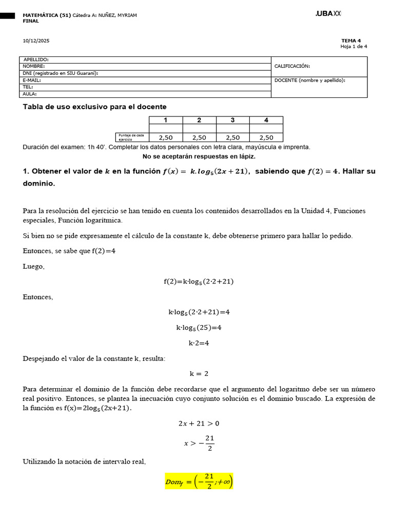 Resolucion Final Matematica 51 Tema 4 10-12-2025 | PDF | Integral | Asíntota