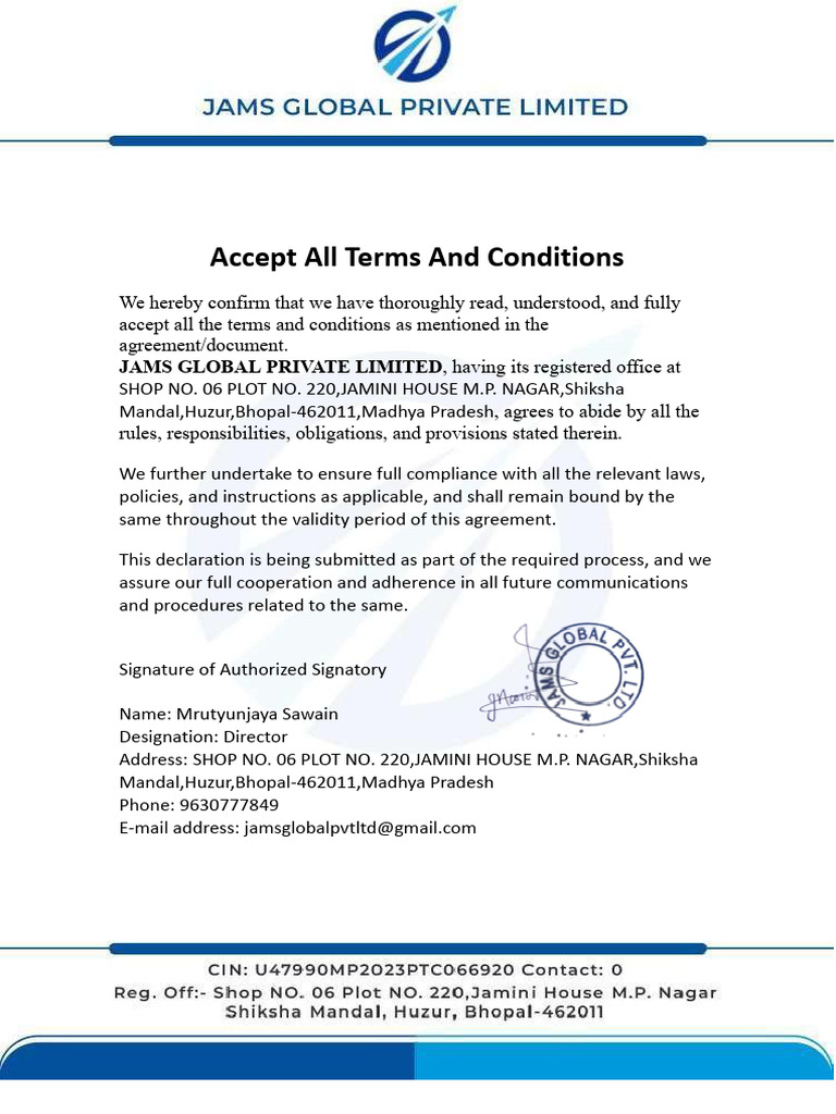Accept All Terms and Conditions: Jams Global Private Limited | PDF