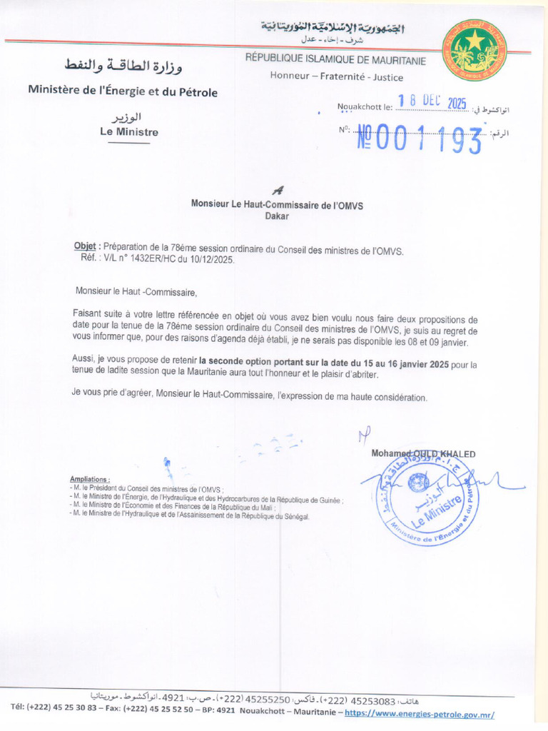 Lettre MEP N°1193 Du 18-12-25 Rel 78éme SO Du CM de l'OMVS | PDF