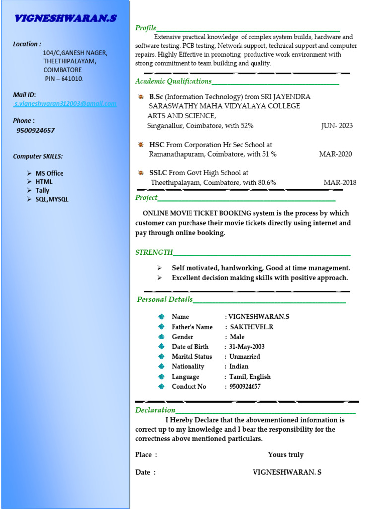 Vigneshwaran RESUME | PDF | Information Technology | Computing
