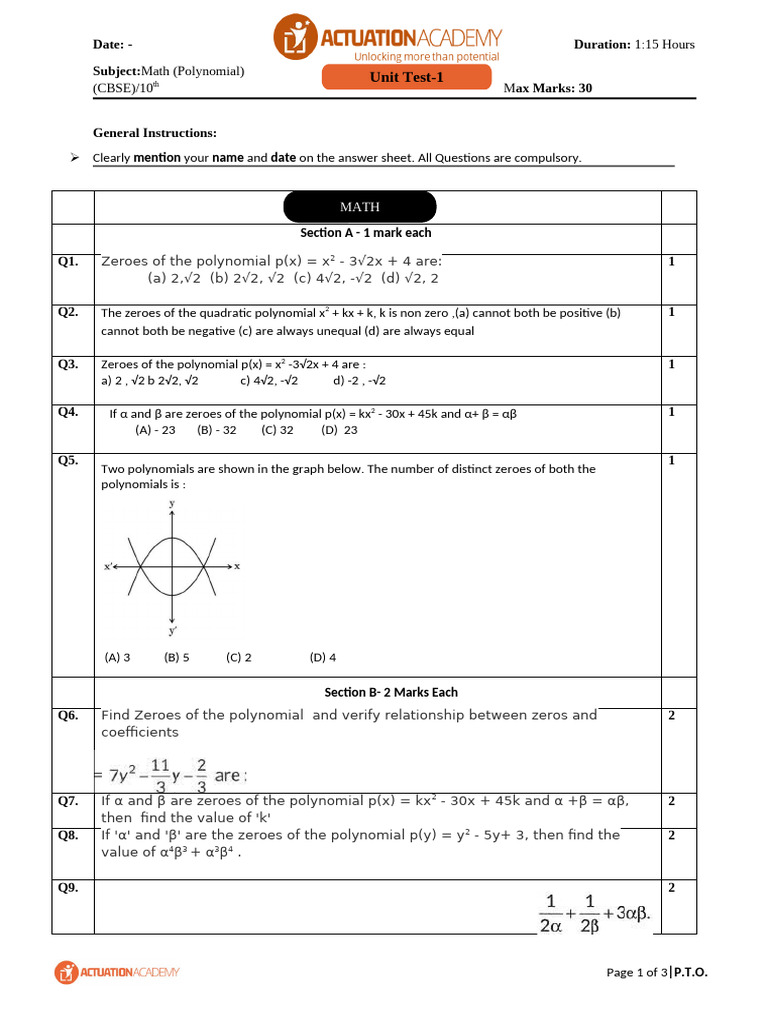 Polynomial Zeroes and Quadratics Test | PDF | Mathematical Concepts ...