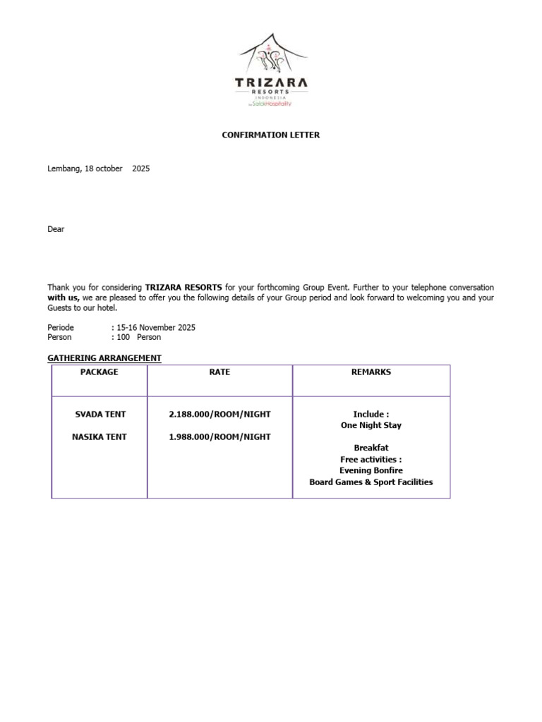 Confirmation Letter Mr. Calvin REV | PDF | Business | Money