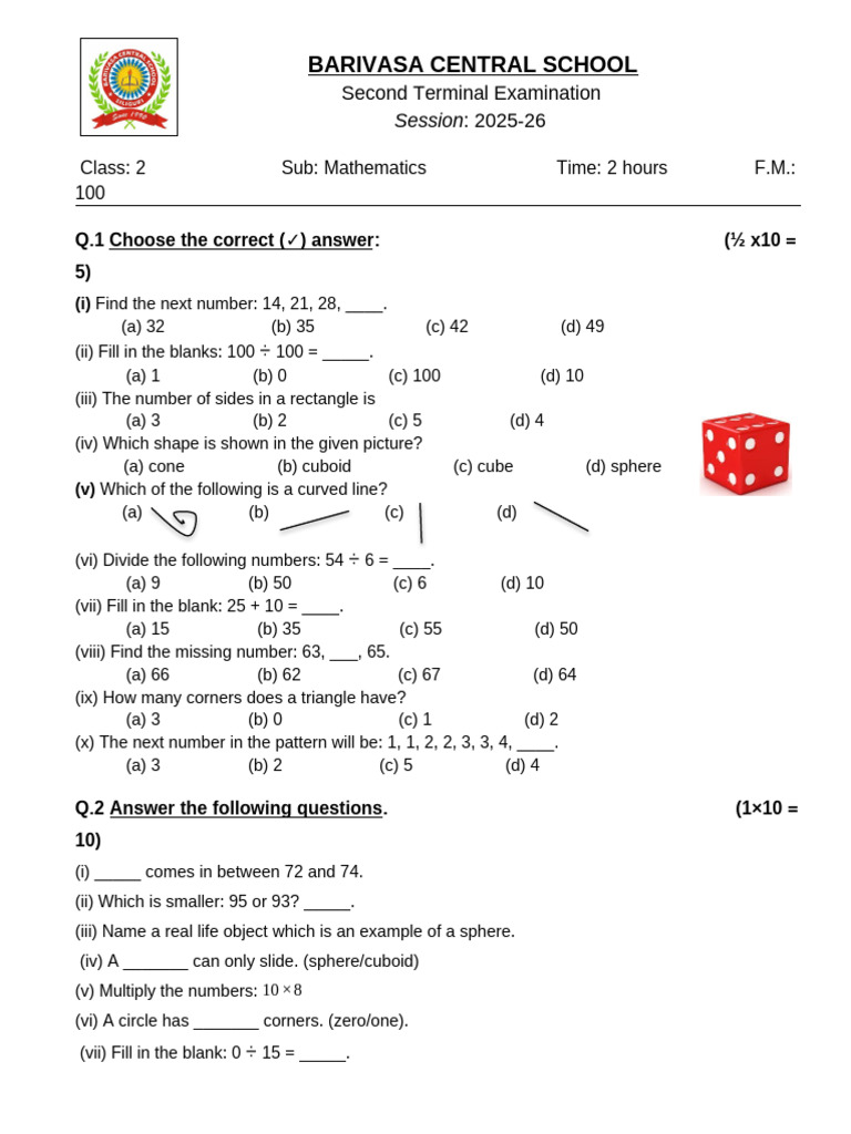 Class 2 Mathematics Exam Paper | PDF | Elementary Mathematics ...