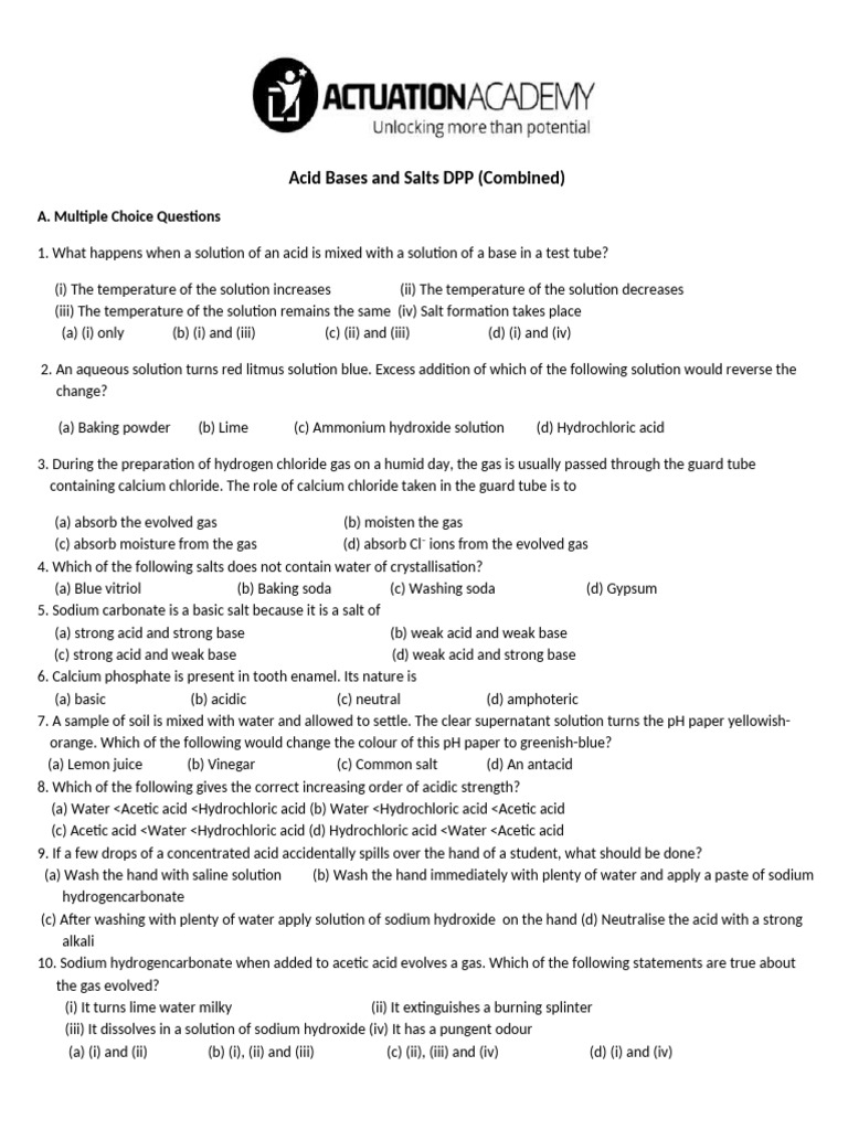 Acid-Base and Salt Quiz Questions | PDF | Acid | Salt (Chemistry)