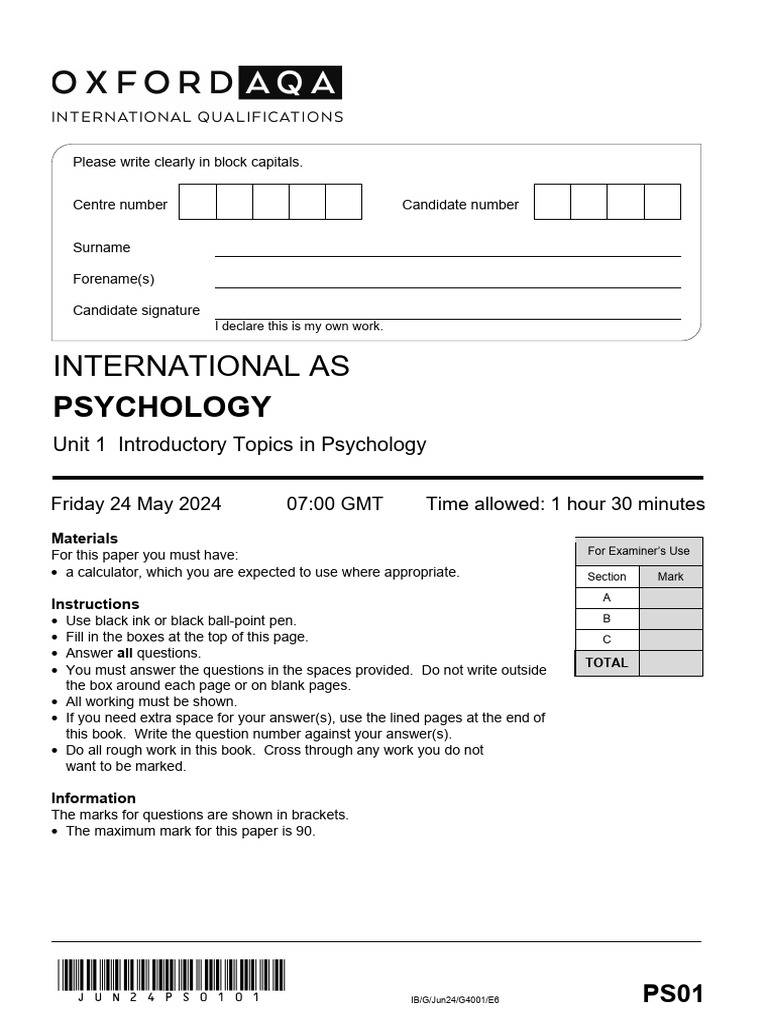 PS01 QP InternationalPsychology As 24may24!07!00 GMT | PDF | Memory ...