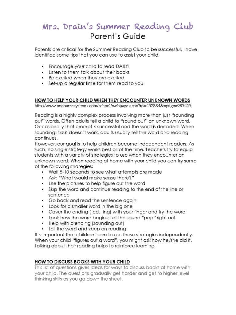 SRC Parent Guide | PDF | Books | Reading (Process)