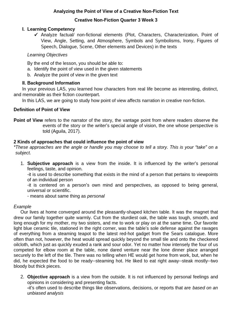 Analyzing The Point of View of A Creative Non | PDF | Narration ...