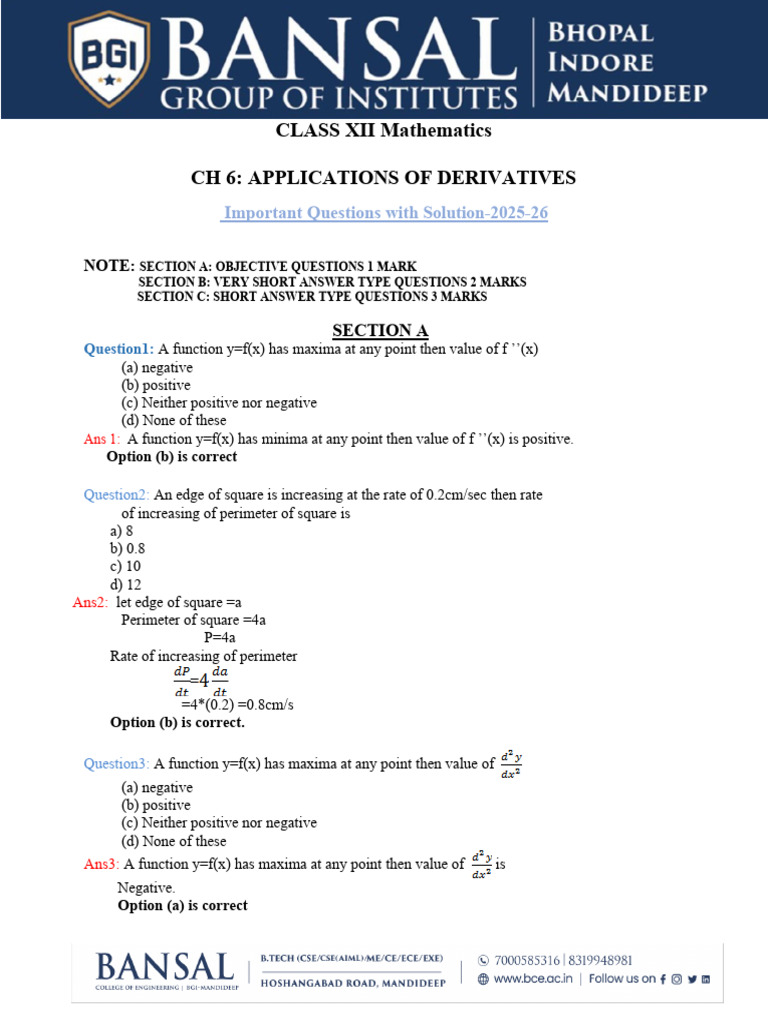 CLASS XII Mathematics CH 6: Applications of Derivatives: Important ...