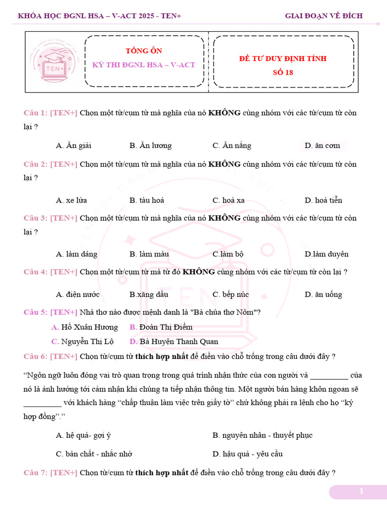 (HS) - Đề Tư Duy Định Tính - Hsa - 19 - KTTH | PDF