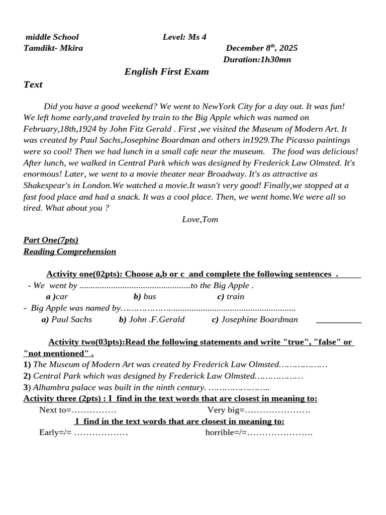 Middle School English Exam: NYC Trip | PDF | Languages | Foreign ...