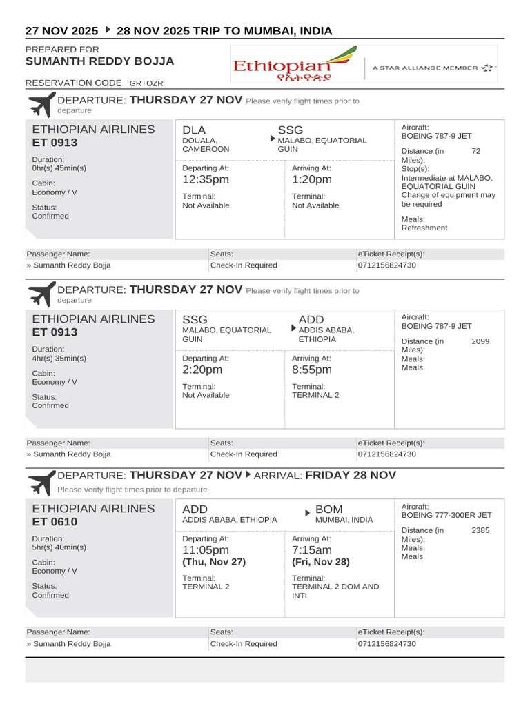 Travel Reservation November 27 For SUMANTH REDDY BOJJA | PDF | Jet ...