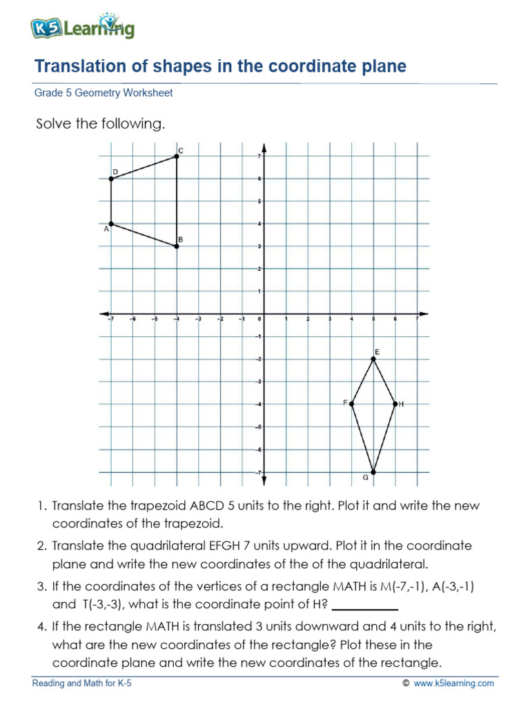 Grade 5 Translation of Shapes in The Coordinate Plane A | PDF