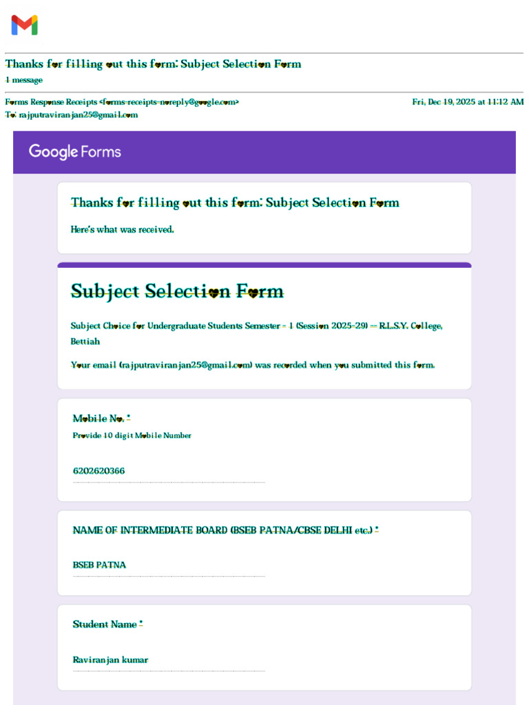 Gmail - Thanks For Filling Out This Form - Subject Selection Form | PDF