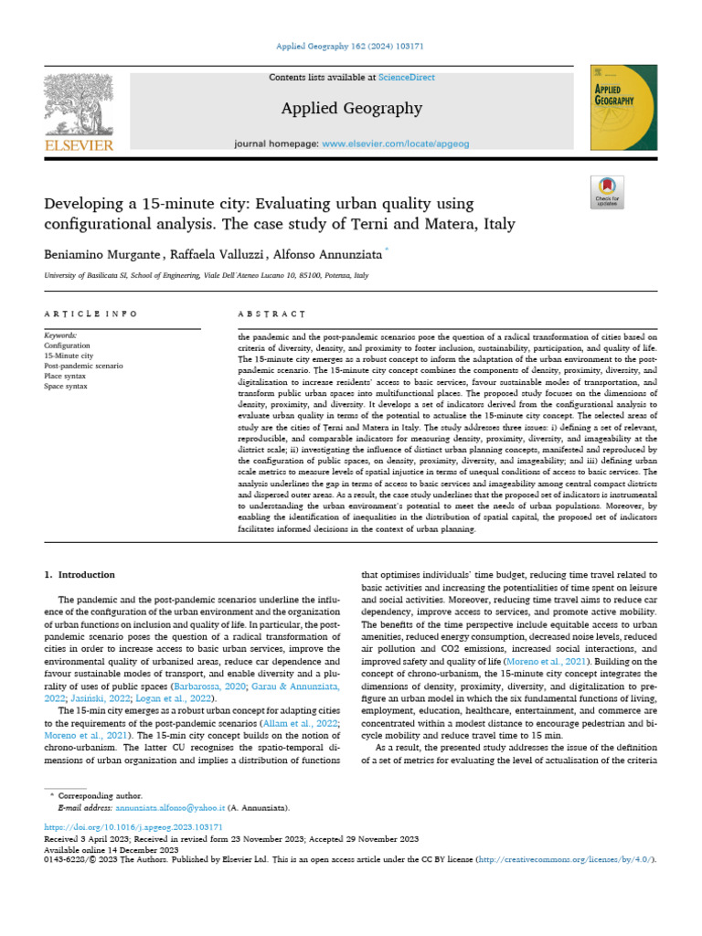 18 Developing A 15-Minute City Evaluating Urban Quality Using | PDF