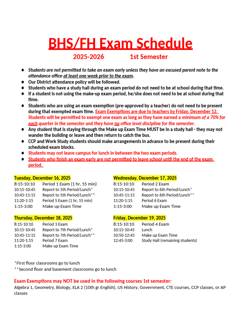 25-26 BHS - FH 1st Semester Exam Schedule | PDF | Academic Term ...