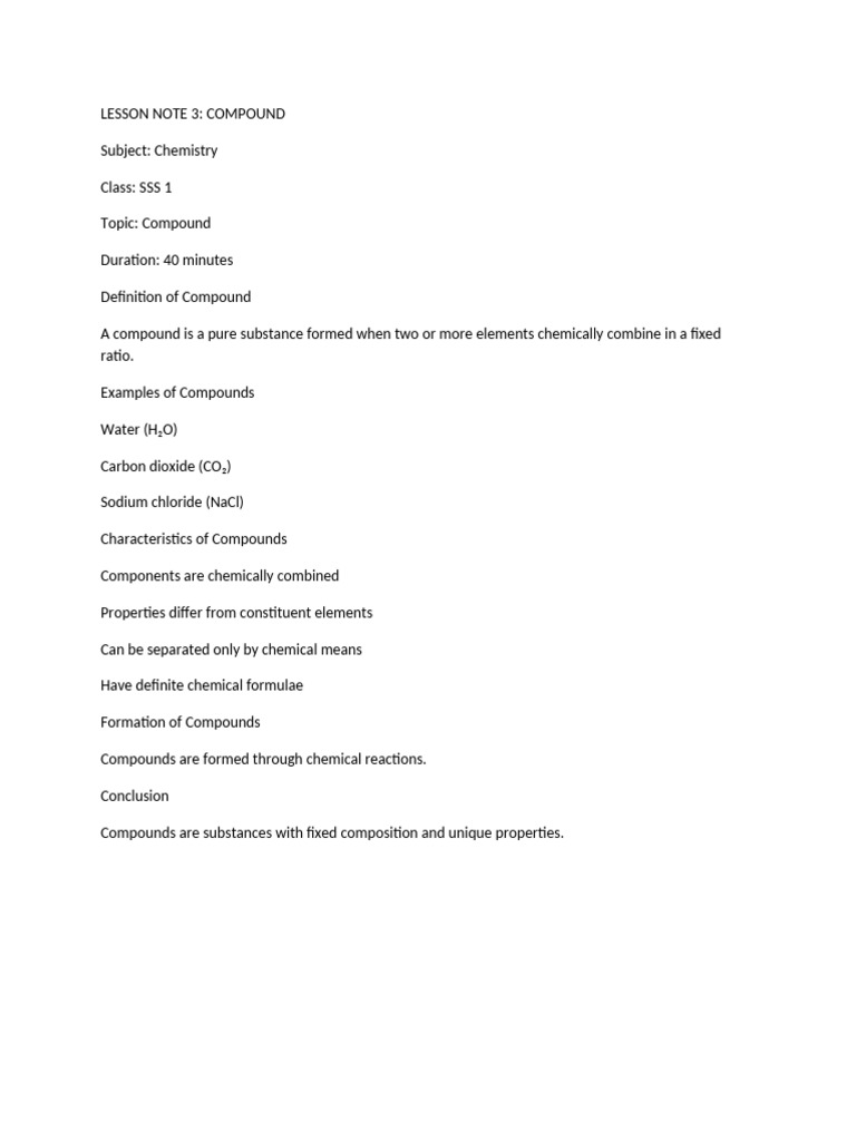 Lesson Note On Compound | PDF | Mixture | Chemical Substances