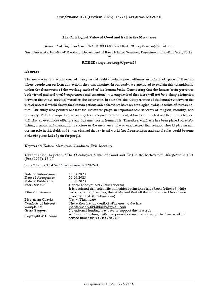 The Ontological Value of Good and Evil in The Metaverse | PDF | Senses ...