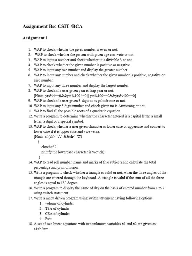 Assignment C Programming BSC CSIT - BCA 1 | PDF | Numbers | Chess